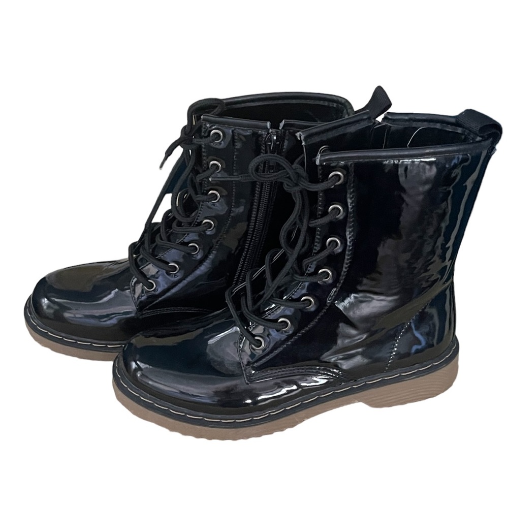 Military Style Black Patent Combat Boots - Gem